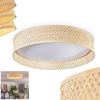 HOFSTEIN LED Deckenleuchte Barroco, dimmbare Deckenlampe aus Metall/Bambus/Kunststoff in Weiß/Natur im Retro/Vintage/Boho-Design, dimmbar über Wandschalter, Es