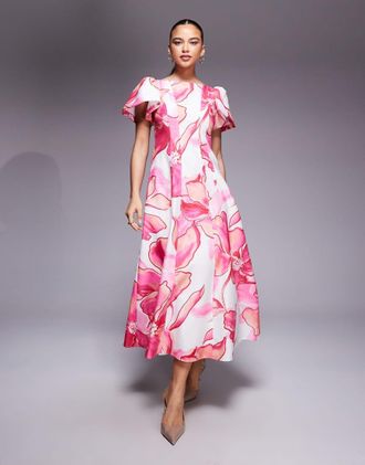 Forever New Midaxi-Kleid mit Flatter&auml;rmeln, R&uuml;ckenausschnitt, Eins&auml;tzen und rosa Blumenmuster