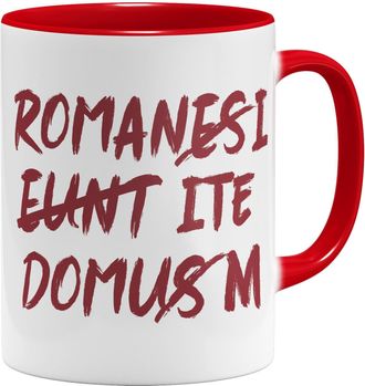 OM3 lustige Latein Kaffee-Tasse mit dem lateinischen Spruch - Romani ite Domum - Zitat - Keramik Becher - 325ml - Beidseitig Bedruckt - Rot