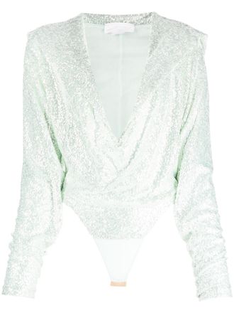 Genny body orn&eacute; de sequins &agrave; manches longues - Vert