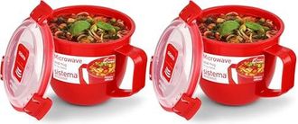 Sistema Microwave Petit mug &agrave; soupe | R&eacute;cipient alimentaire micro-ondes | 565 ml | Sans BPA | Rouge/Transparent (Lot de 2)