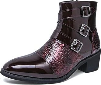 Generic Bottines Chelsea en cuir verni pour homme avec fermeture &eacute;clair et boucle - Bout pointu - Bottes de combat confortables et d&eacute;contract&eacute;es, rouge vin, 3