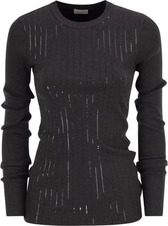 Brunello Cucinelli Femme, Pulls, Gris, Taille: 38 FR Sequin Embellished Ribbed Long Sleeve Top