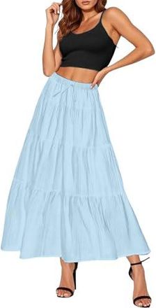 Generic Jupe maxi pour femme pour le quotidien et les vacances, fluide, &eacute;vas&eacute;e, avec volants, style velours pour femme, bleu ciel, XXL