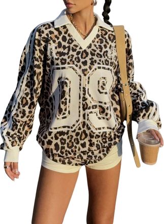 SOLY HUX Damen Sweatshirt Loose Pullover Leopardenmuster Y2K Langarmshirt Pulli Langarm Oberteil Streatwear Herbst Outfit Leoparden S