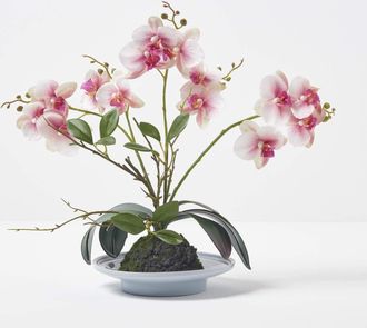 Homescapes mittelroße Kunstorchidee im Topf, hochwertige künstliche Orchidee mit rosa-weißen Blüten, Deko-Orchidee Phalaenopsis im hellgrauen Topf, Kunstblumen, 