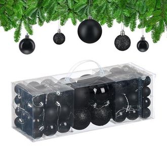 Relaxdays Weihnachtskugeln im 76er Set, Kunststoff, glitzernde, Matte, gl&auml;nzende Baumkugeln, Christbaumschmuck, schwarz