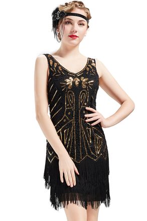 Babeyond Damen Retro 1920er Stil Flapper Kleider mit Zwei Schichten Troddel V Ausschnitt Great Gatsby Motto Party Kost&uuml;m Kleider- Gr. L (Fits 82-92 cm Waist & 