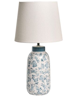 Beliani Tischlampe Keramik mit Stoffschirm wei&szlig;/blau florales Motiv mediterran Lempa