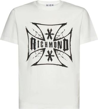 John Richmond Homme, Tops, Blanc, Taille: XS T-shirt &agrave; logo embl&eacute;matique et graphisme symbolique