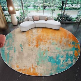 Generic Tapis Rond Lavable en Machine 160 cm, Bleu Carpette Douce Antid&eacute;rapant Flanelle, Abstrait D&eacute;lav&eacute; Textur&eacute; Vintage Imprim&eacute; Tapis pour Salon Chambre Cana