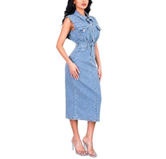 Ital-Design Jeanskleid Damen Jeanskleid Midi mit G&uuml;rtel und Knopfleiste (91978490) Used-Look Stretch Jeanskleid in Hellblau