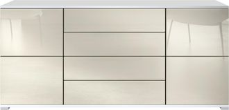 Vladon Sideboard Rova V2, Kommode mit 4 Türen und 4 Schubladen, Weiß matt/Creme Hochglanz (166,5 x 75,5 x 35)