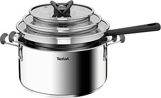 T-fal G7376S OptiSpace Topfset 6-teilig | Stielkasserolle 16 cm (inkl. Deckel) | Kochtöpfe 20/24 cm (inkl. Deckel) | Edelstahl | Thermo-Fusion-Boden | für a