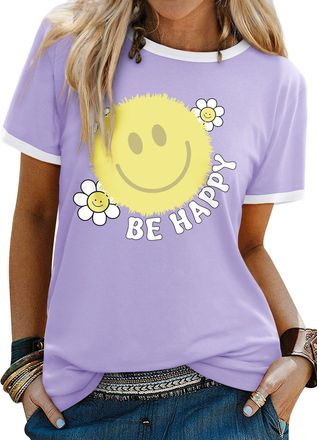 Dresswel Tshirt Damen Be Happy L&auml;chelndes Gesicht Druck T-Shirt Rundhals Kurzarm T Shirts Sommer Oberteile Tee Tops Bluse
