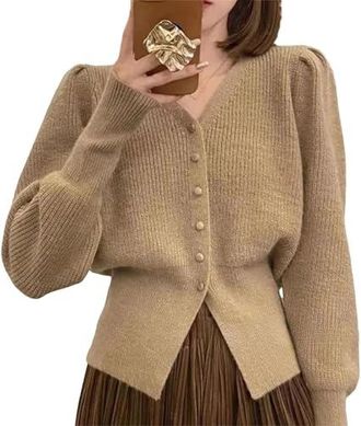 Generic Cardigan dhiver &eacute;l&eacute;gant pour femme avec col en V et col en V, Champagne, taille unique