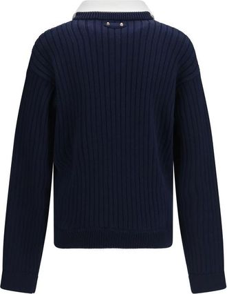 Balenciaga Ribbed Cotton with Pointed Collar Sweater - Navy