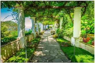 Wallario Outdoor-Poster f&uuml;r Garten oder Balkon Bl&uuml;hende Pergola, Motivbanner Gr&ouml;&szlig;e: ca. 120 x 180 cm, Outdoor-Bild