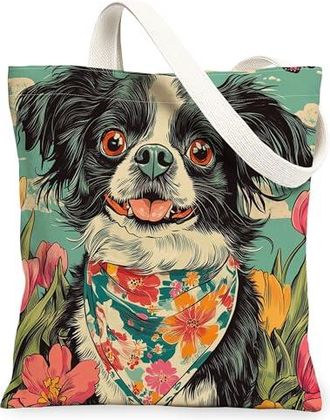 Generic Sac fourre-tout en toile motif chien japonais pour le shopping, 33 x 38,1 cm, sac d&eacute;picerie r&eacute;utilisable &agrave; motif floral vintage pour femme, peinture d