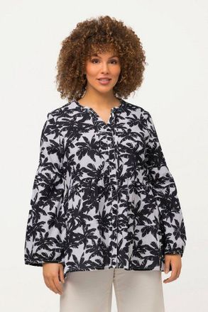 Ulla Popken Longbluse Tunika Palmen A-Linie Volants Rundhals Langarm