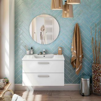 Dmora Badezimmermöbel Dartford, Badezimmerschrank, Mehrzweckschrank, Hängeschrank mit Spiegel, 80x45 h50 cm, Glänzendes Weiß