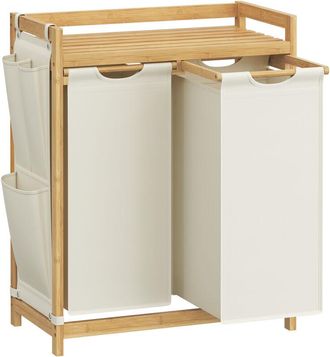 Songmics Panier &agrave; Linge, avec 2 Compartiments, Corbeille &agrave; Linge Sale, en Bambou, Capacit&eacute; de 100 Litres, avec &Eacute;tag&egrave;re, Poches Lat&eacute;rales, 2 x 50 l, 63 x 33 x