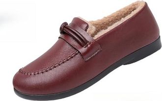Generic Chaussures plates en cuir confortables et chaudes pour femme, mocassins dhiver duveteux, chaussons légers pour intérieur et extérieur, Rouge, 39.5 EU