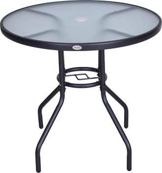 OUTSUNNY Gartentisch Garten Beistelltisch Gartenm&ouml;bel Balkontisch Bistrotisch mit Schirmloch Hartglas + Metall Schwarz &Oslash;80 x 72 cm