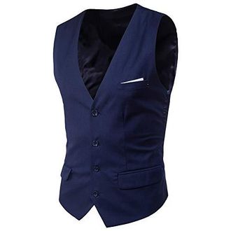 Missmao Hommes Gilet Costume sans Manche Slim Fit Casual Col V pour Buisiness et Mariage Marine 2XS