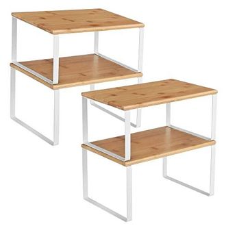 Songmics Étagère à Épices, Lot de 4, Organisateur de Placard, Étagère de Rangement de Cuisine Extensible, Porte-épices Empilable, Métal, Bois dIngénierie, Blan