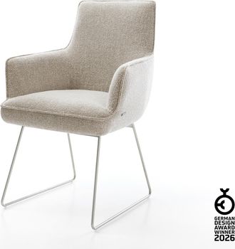 DELIFE Esszimmerstuhl Heira-Flex mit Armlehnen Webstoff Soft Beige Kufengestell Edelstahl Taschenfederkern, Esszimmerst&uuml;hle