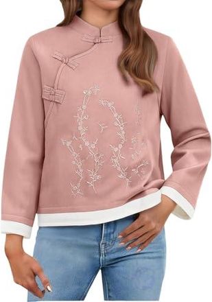 Generic Hauts en coton et lin pour femme - Broderie florale vintage - Bouton grenouille chinoise - Manches 3/4 - Chemises d&eacute;contract&eacute;es, rose, 3XL