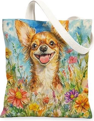 Generic Sac fourre-tout en toile motif chihuahua printanier 33 x 38,1 cm, peinture &agrave; lhuile pour chiot, fleur sauvage, sac d&eacute;picerie r&eacute;utilisable pour femme, 