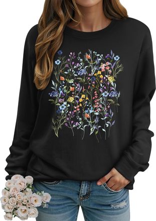 Dresswel Sweatshirt Damen Vintage Inspirierte Botanisches Blumen Druck Rundhals Langarmshirt Baumwolle Pullover Herbst Winter Langarm Oberteile Tops