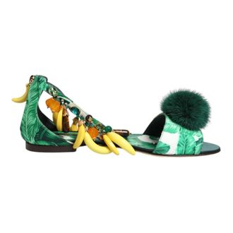 Dolce & Gabbana Gr&uuml;ne Minkpelz Bananenblatt Sandalen - - Shoes - Damen - Gr&uuml;n - 36 1/2 EU