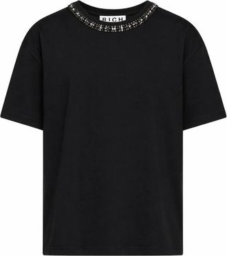 John Richmond Femme, Tops, Noir, Taille: 38 FR T-shirt avec col rond d&eacute;cor&eacute;