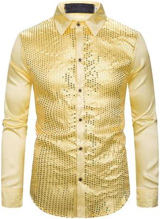 Generic Chemise &agrave; manches longues pour homme &agrave; paillettes scintillantes Style bo&icirc;te de nuit Chemise brillante boutonn&eacute;e Coupe ajust&eacute;e Costume de bal de fin da