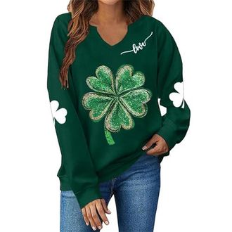 Generic Sweat-shirt tr&egrave;fle porte-bonheur pour femme - Chemise fantaisie - Grande taille - Col en V - Imprim&eacute; tr&egrave;fle irlandais - Tunique ample, vert clair, XXL