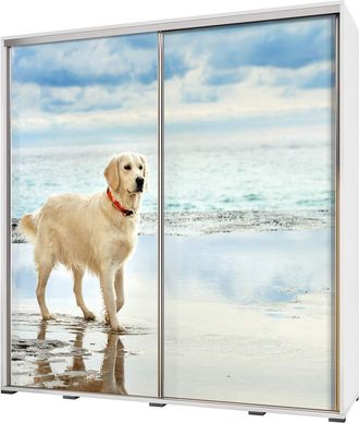 Selsey Hund AM Meer - Kleiderschrank 2-t&uuml;rig Schiebet&uuml;ren mit Labrador- und Strand-Motiv 205cm (Korpus in Wei&szlig; matt)