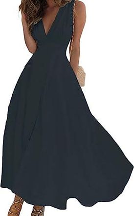 Onsoyours Femme Robe Longue Été Boho Chic Sexy Col V sans Manche Imprime Fluide Robe de Plage Vacances Maxi Robes de Cocktail Éte A Noir XL