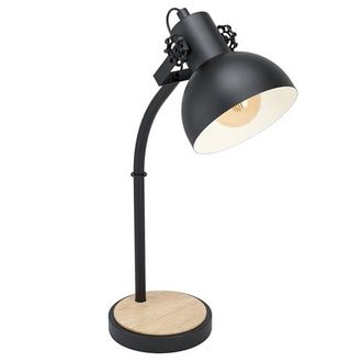Eglo Lampe de table Lubenham, luminaire de table vintage de style industriel, lampe de chevet r&eacute;tro en acier et bois, coloris noir et marron, certifi&eacute;e FSC