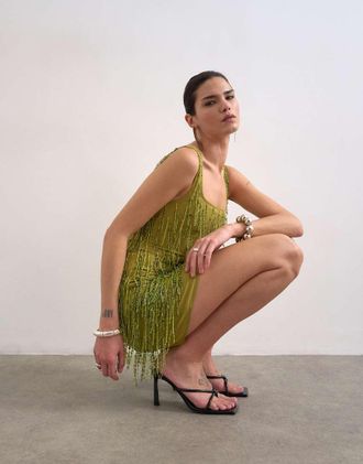 Topshop Verziertes Minikleid in Gr&uuml;n mit Fransen