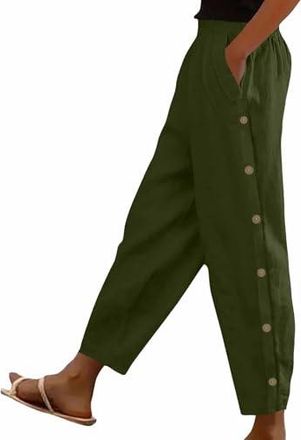 Generic Pantalon en coton et lin pour femme - Jambe large - Pantalon de plage d&eacute;t&eacute; pour femme - Confortable - Pantalon de yoga Palazzo XIYU26007, vert militai