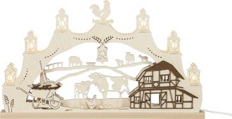Rudolphs Schatzkiste Schwibbogen Bauernhof LED Natur BxHxT 52x30,5x4,5cm NEU Lichterbogen Fensterbogen Spitzbogen Erzgebirge Weihnachten Bergbau Bergmann Licht Holz Dekora