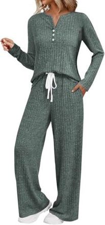 Generic Ensemble de v&ecirc;tements de d&eacute;tente pour femme - Surv&ecirc;tement 2 pi&egrave;ces uni c&ocirc;tel&eacute; &agrave; manches longues - Pull &agrave; col en V et pantalon large avec poches - V&ecirc;te