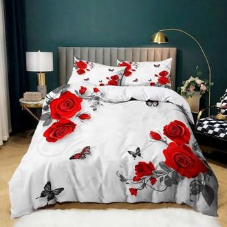 Generic Housse de Couette 180 x 200 cm pour Enfants GarçOns Filles, Papillon Et Rose Rouge Microfibre Housse de Couette pour 2 Personnes - Fleurs Antirides Pa