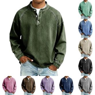 Generic Chemise Henley en jean pour homme - Chemise r&eacute;tro d&eacute;lav&eacute;e - Coupe ample - Coupe droite - Manches longues - T-shirt classique &agrave; col rond - 3 boutons - 