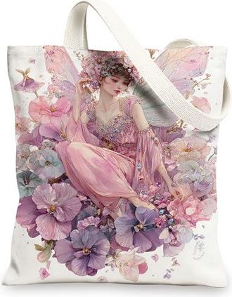 Generic Sac fourre-tout en toile artistique, imprimé floral vintage, réutilisable, léger et lavable avec bandoulière, pêche, 13x15 Inch
