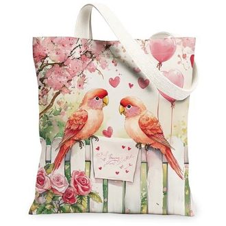 Generic Sac fourre-tout r&eacute;utilisable en toile pour le shopping, motif perroquets, 33 x 38 cm, pour la Saint-Valentin, cl&ocirc;ture, fleurs, sac d&eacute;picerie pour femm