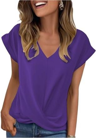 Generic Tee Shirt Femme Col V Manche Courte Tshirt Femmes Ete Décontracté Couleur Unie Lâches Haut Tops Chic et Elegant Tee Shirt Femme Pas Cher,Purple,L,f309